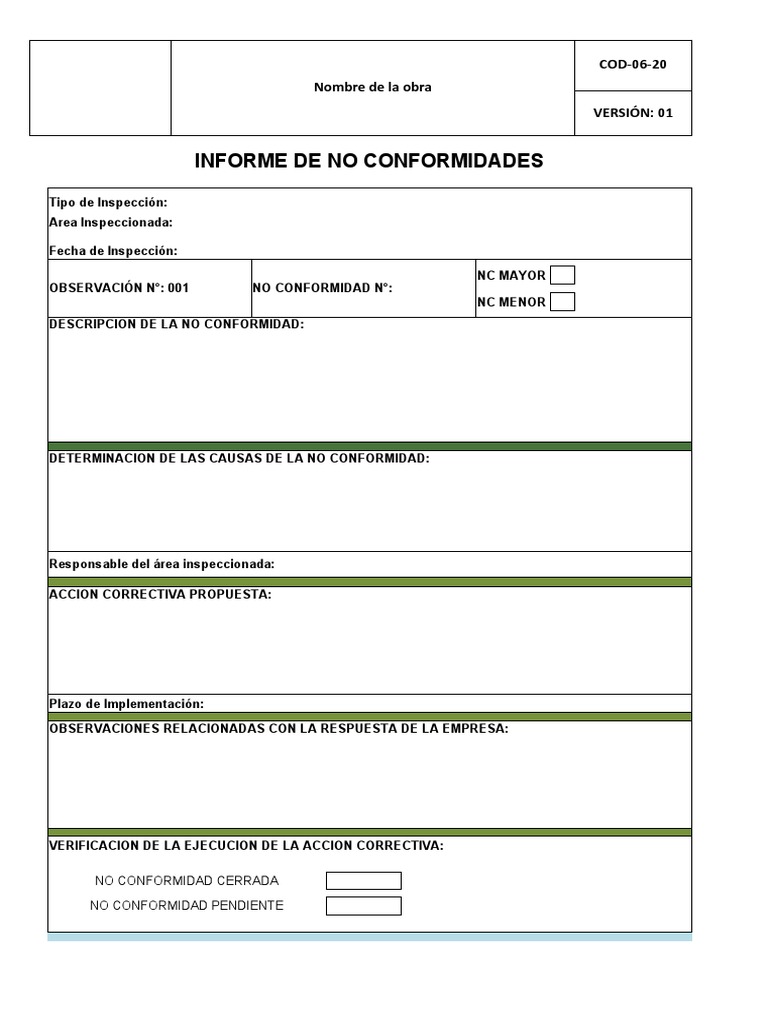 Informe De No Conformidades En Obra Pdf 7442