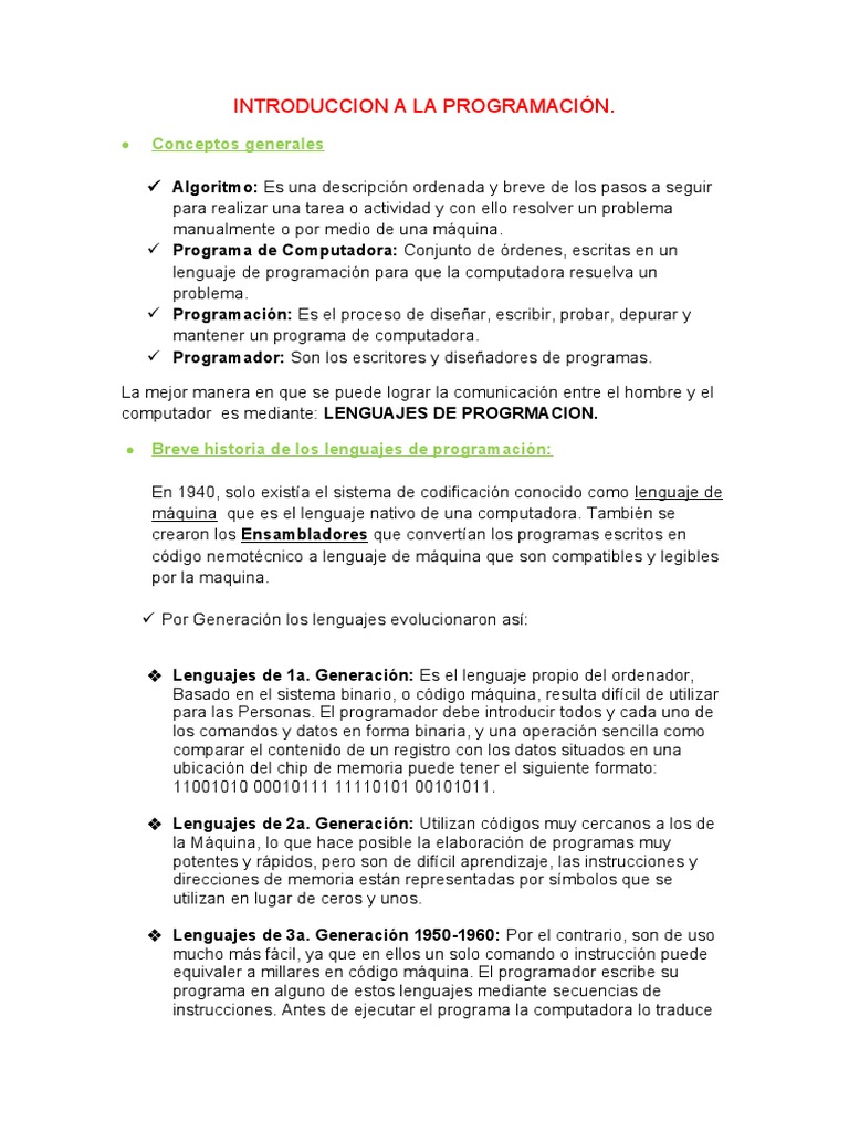 Introducción a los Conceptos Básicos de la Programación y los Lenguajes de Programación | PDF ...