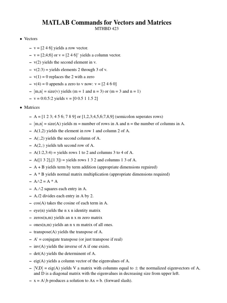 MATLABcommands | PDF | Matrix (Mathematics) | Eigenvalues And Eigenvectors