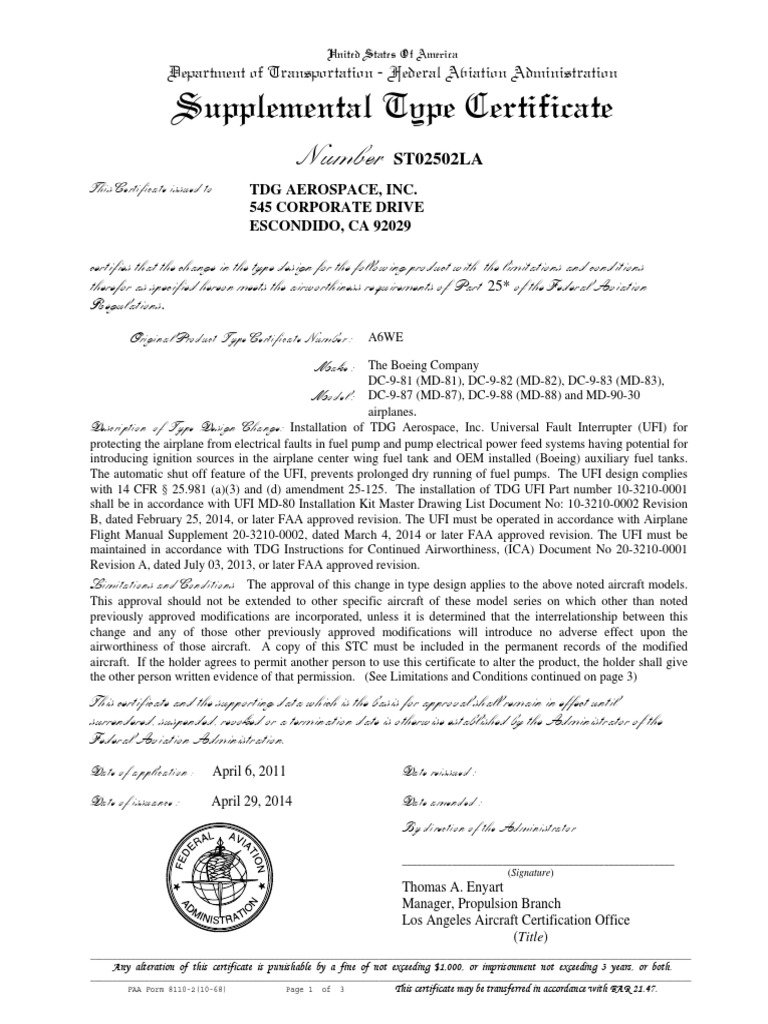 Supplemental Type Certificate: Number | PDF | Federal Aviation ...