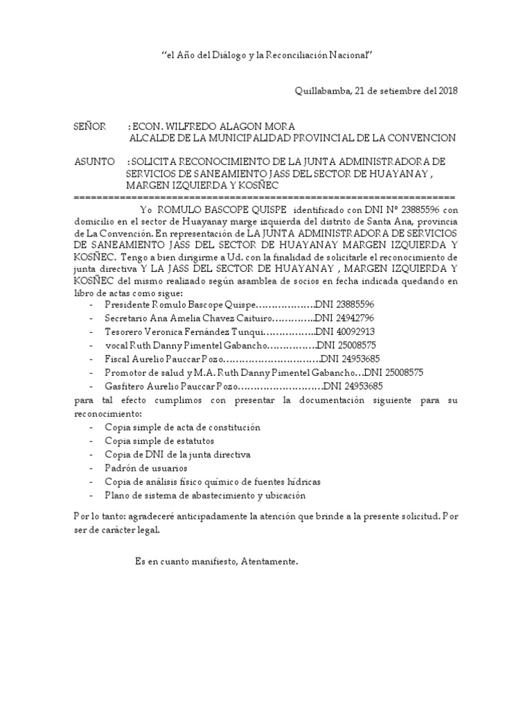 Solicitud Reconocimiento JASS | PDF