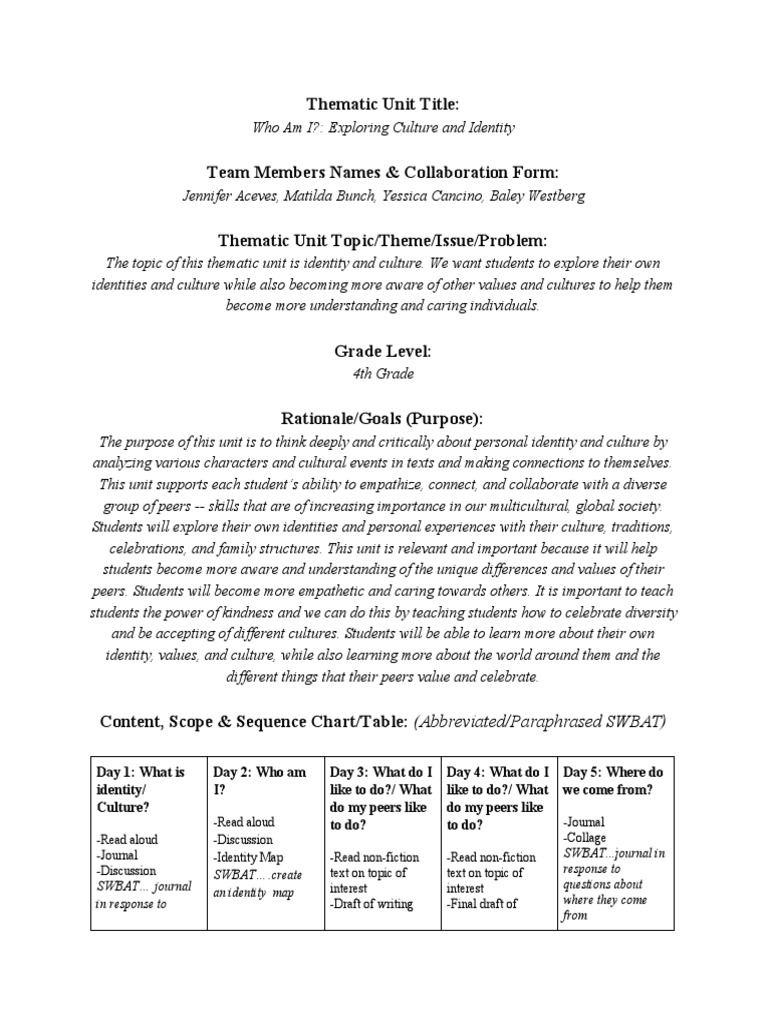 Thematic Unit | PDF | Reading Comprehension | Identity (Social Science)