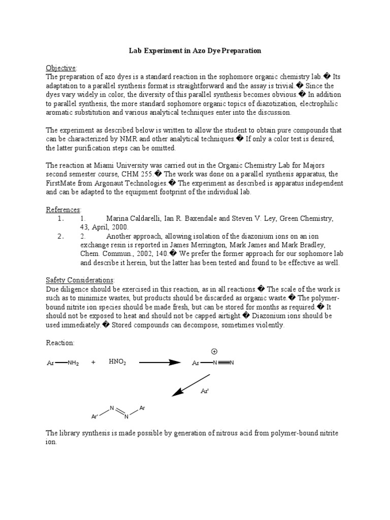 Lab Experiment in Azo Dye Preparation | PDF | Solubility | Chemical ...