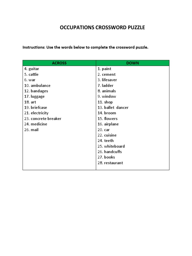 Occupations Crossword Puzzle: Instructions: Use The Words Below To ...
