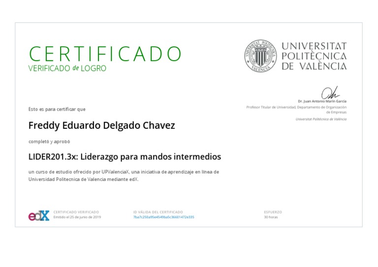 Certificado UPValenciaX LIDER201.3x - Edx | PDF