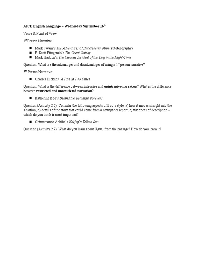 AICE English Language Voice and Point of View | PDF | General Fiction