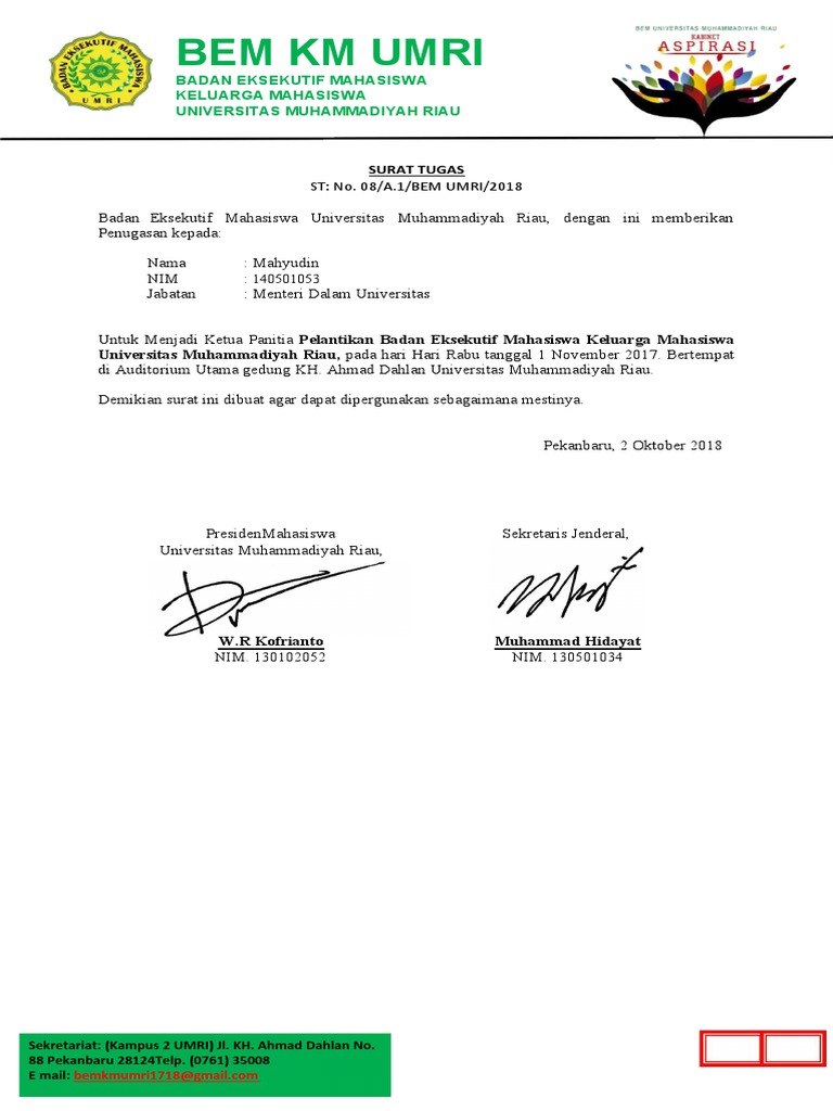 Contoh Surat Tugas Pelantikan BEM | PDF