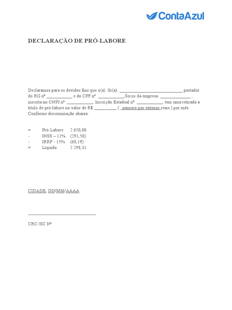 Modelo Declaracao Pro Labore Contaazul | PDF