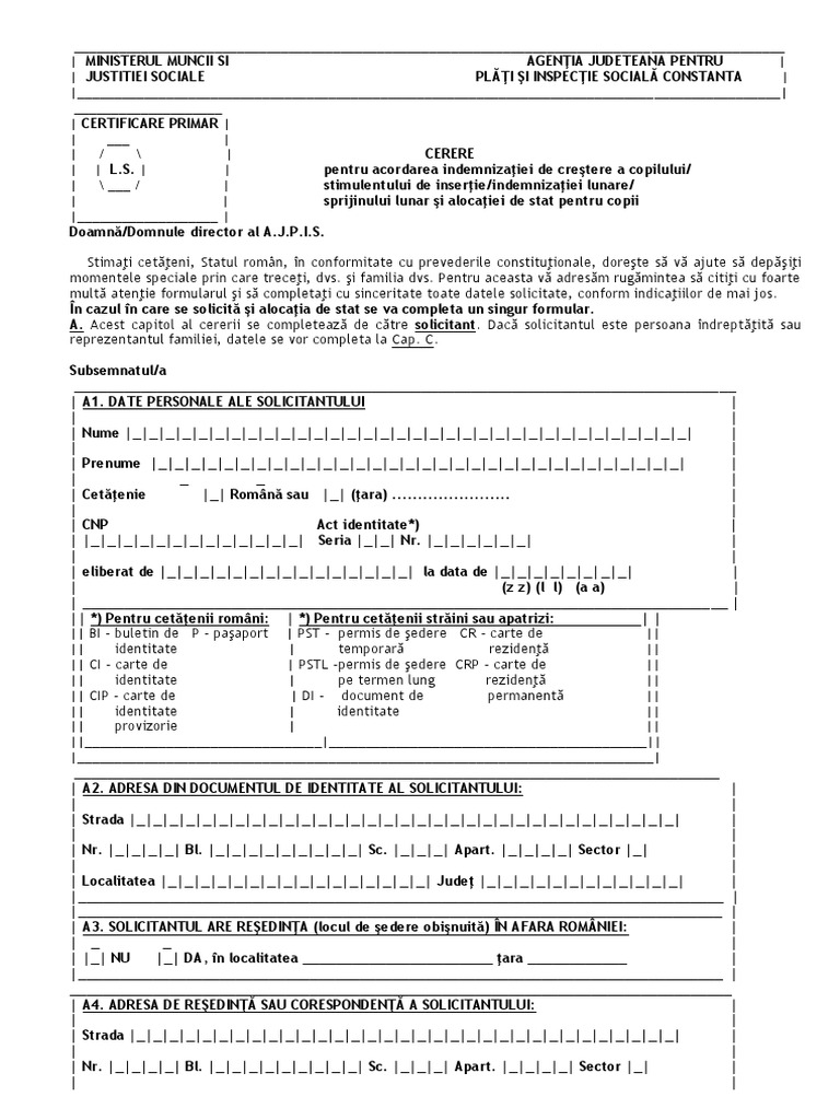 Cerere Alocatii Indemnizatii Stimulent Sprijin PDF | PDF