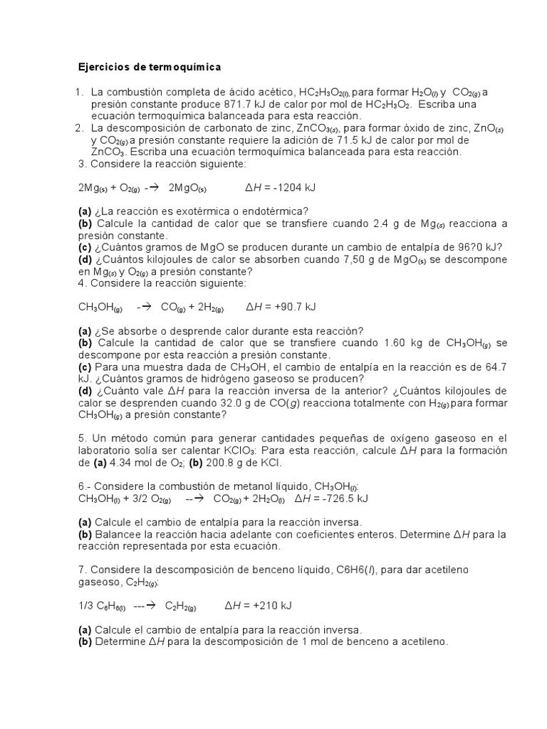 Ejercicios de Termoquímica | PDF | Entalpía | Combustión