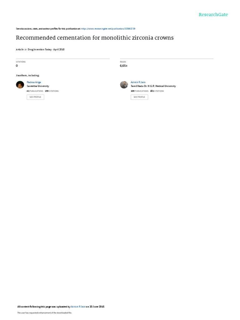 Recommended Cementation For Monolithic Zirconia Crowns: Drug Invention ...