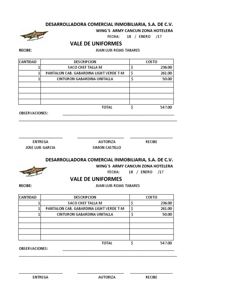 Tres vales de uniformes para empleados de restaurante | PDF | Ropa