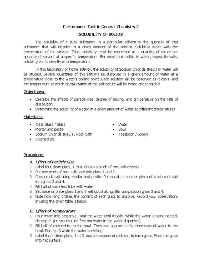 Performance Task in General Chemistry 2 Solubility of Solids | PDF ...