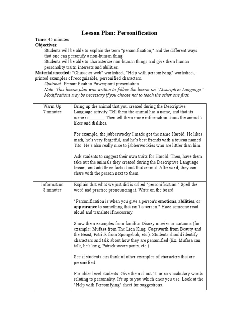 Lesson Plan: Personification: Time: 45 Minutes Objectives | PDF ...