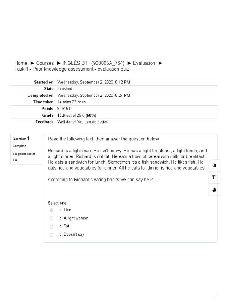 Task 1 - Prior Knowledge Assessment - Evaluation Quiz2 | PDF | Lunch ...