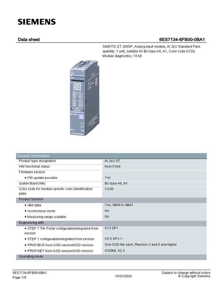 Data Sheet 6ES7134-6FB00-0BA1: General Information | PDF