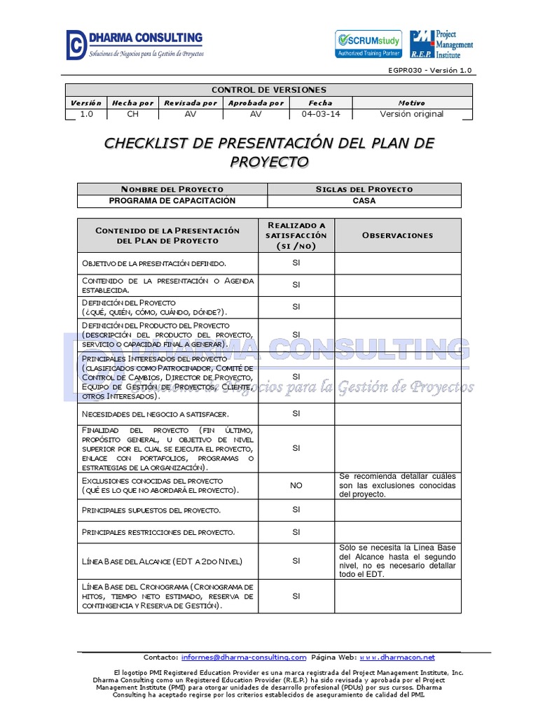Checklist de Presentación Del Plan de Proyecto | PDF | Gestión de ...
