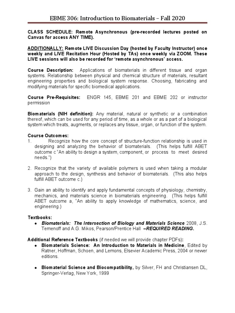 EBME 306-Course Syllabus and Schedule - Fall 2020 | PDF | Biomaterial ...