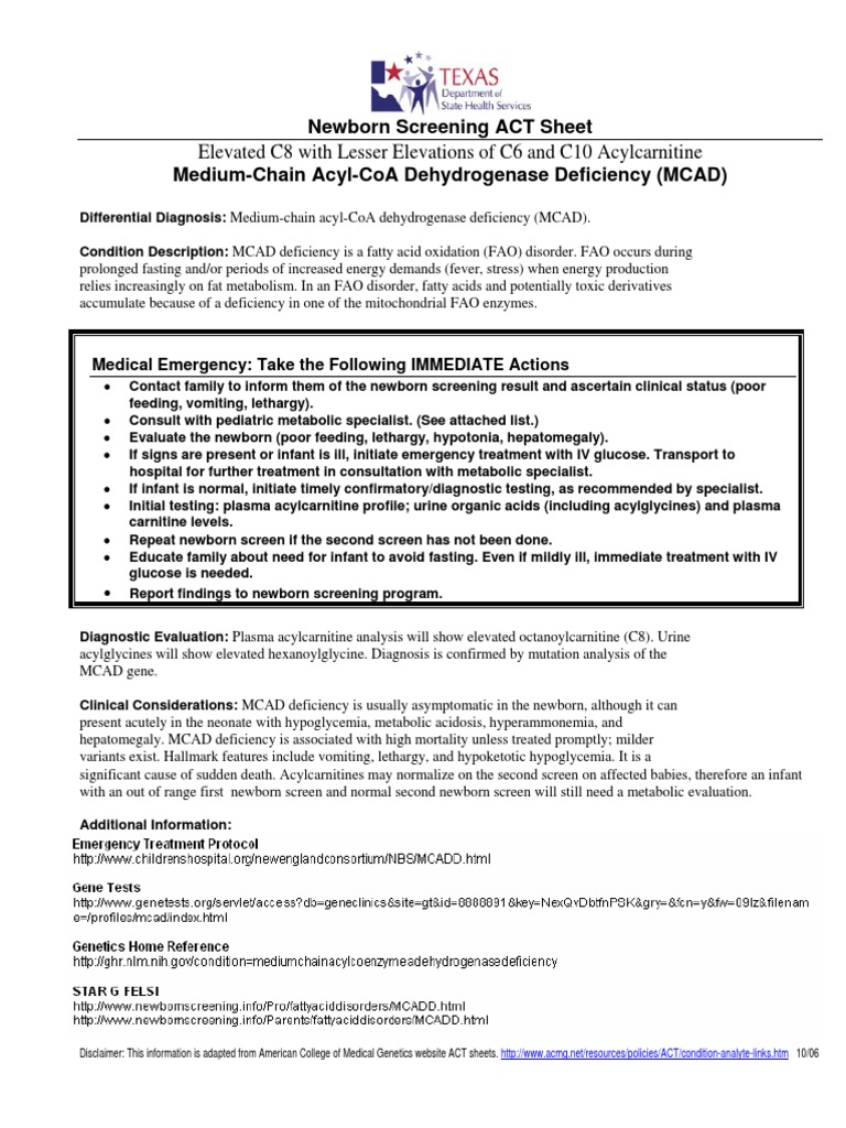 Newborn Screening Act Sheet Medium-Chain Acyl-Coa Dehydrogenase ...
