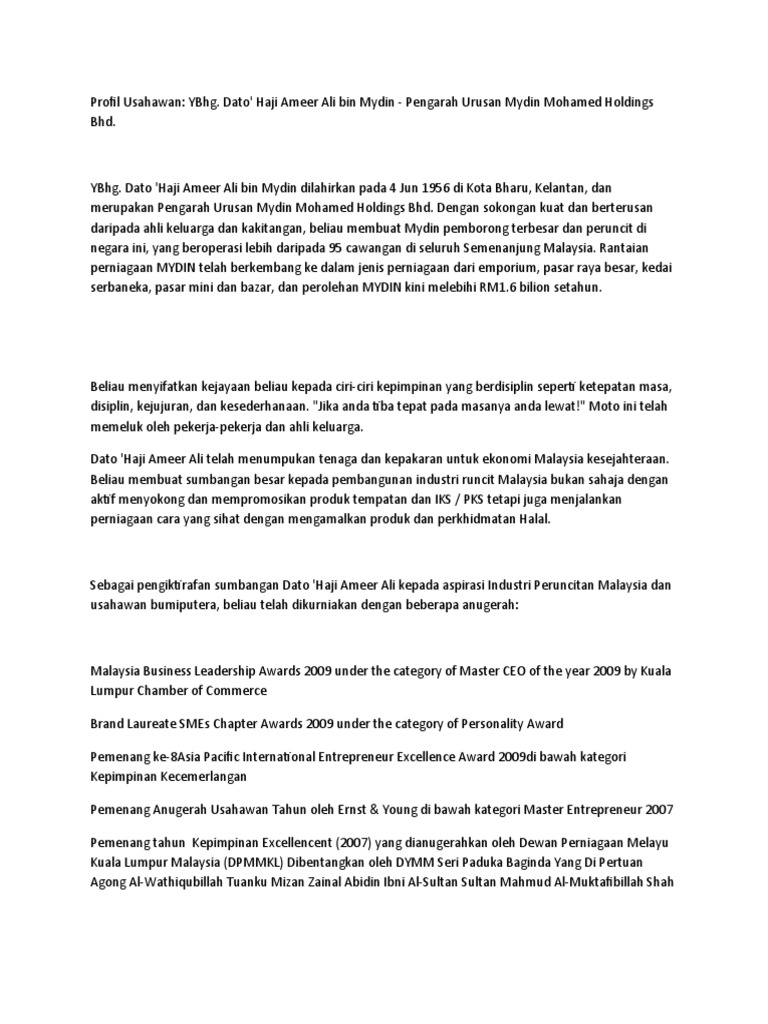 Profil Dato Ameer Haji Ali MYDIN | PDF