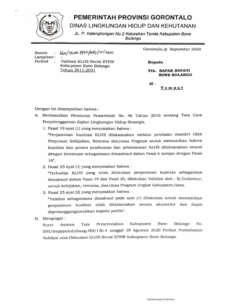 Surat Validasi KLHS Rev RTRW PDF | PDF