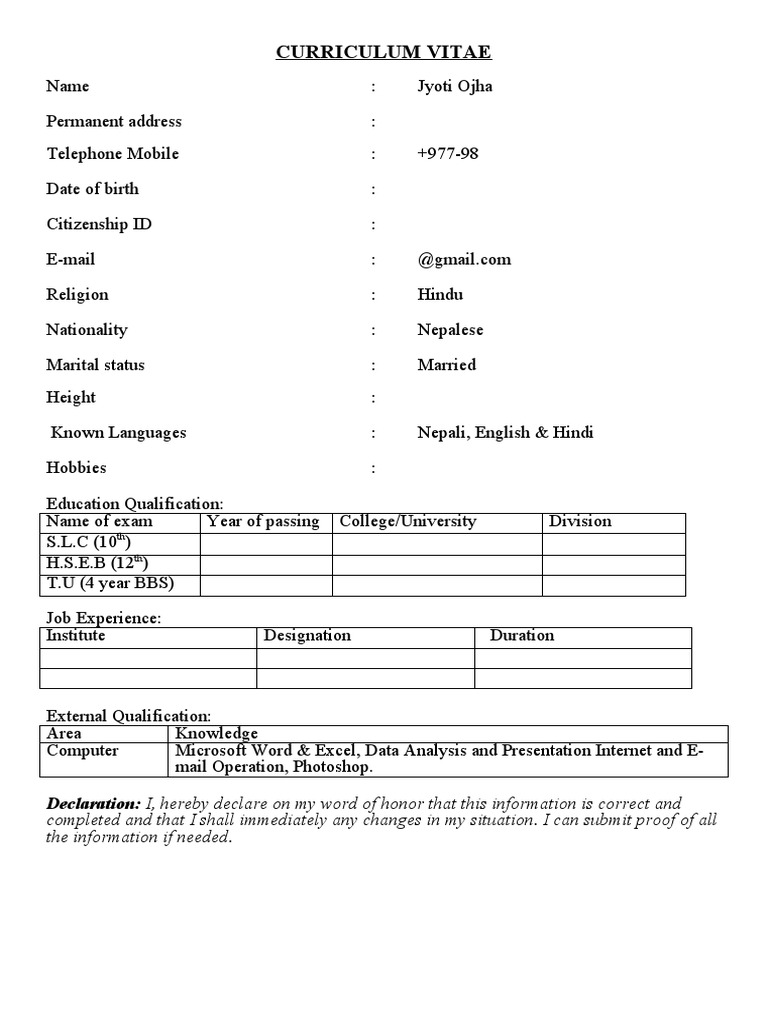 Curriculum Vitae: Declaration: I, Hereby Declare On My Word of Honor ...