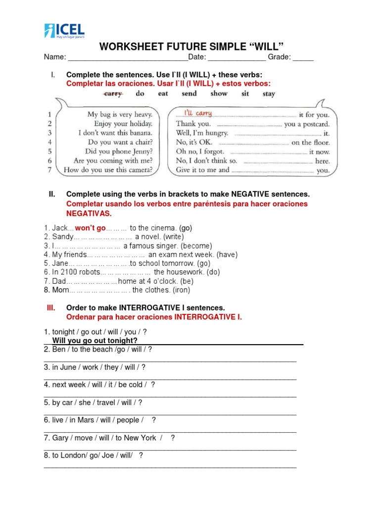 Future Simple "Will" Worksheet | PDF | Games & Activities