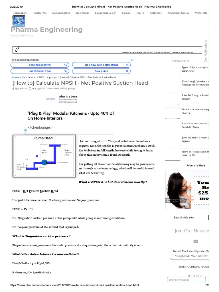 Pharma Engineering: (How To) Calculate NPSH - Net Positive Suction Head ...