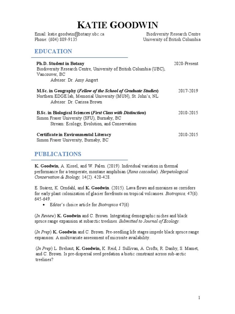 Goodwin CV Sep2020 | PDF | Ecology | Doctor Of Philosophy