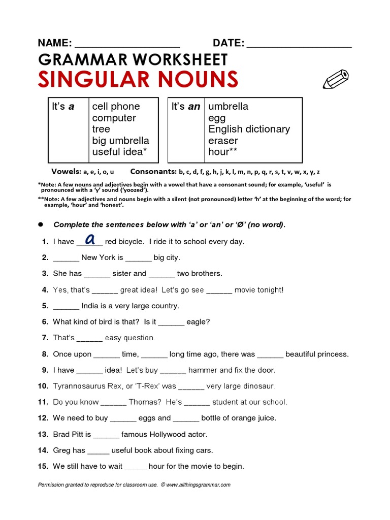 Singular Nouns: Grammar Worksheet | PDF | Noun | Adjective