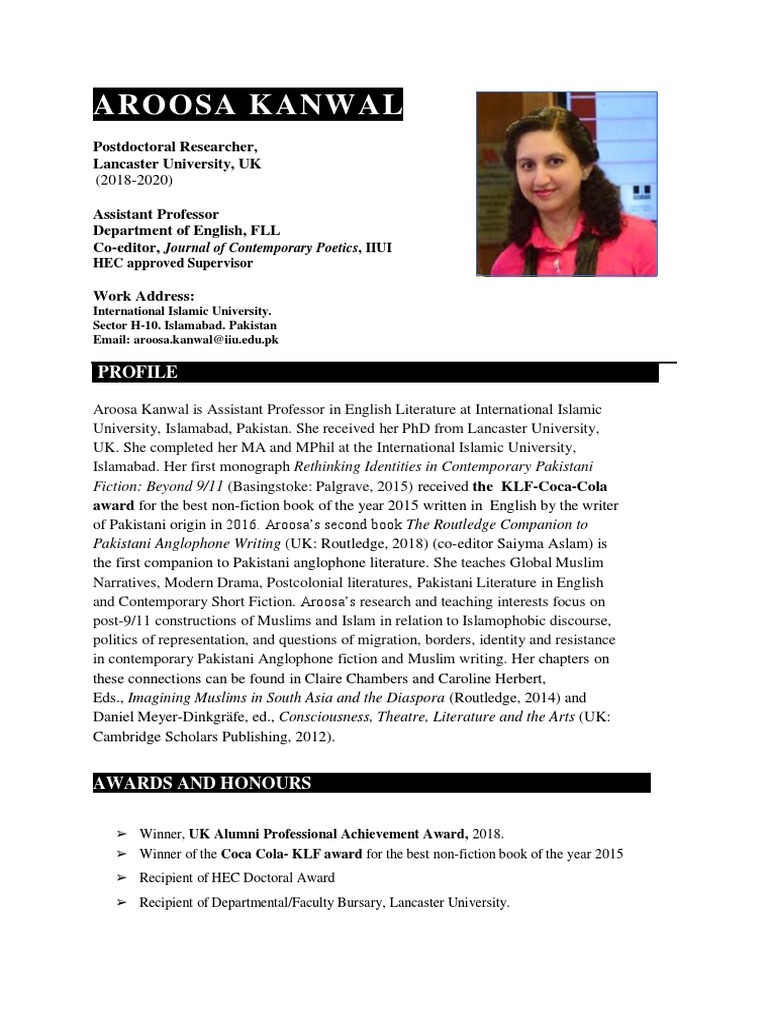 Aroosa Kanwal: Profile | PDF | Pakistan | Doctor Of Philosophy