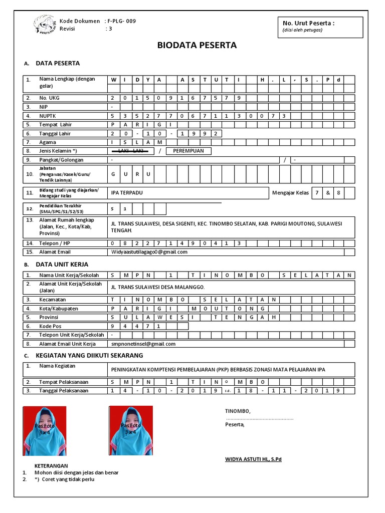 BIODATA WIDYA ASTUTI HL, S.PD | PDF