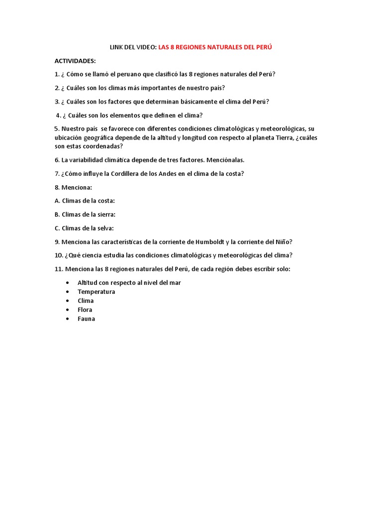 Las 8 Regiones Naturales Del Perú Actividades | PDF