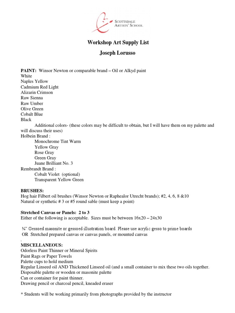 Workshop Art Supply Essentials | PDF | Cooking, Food & Wine | Home & Garden