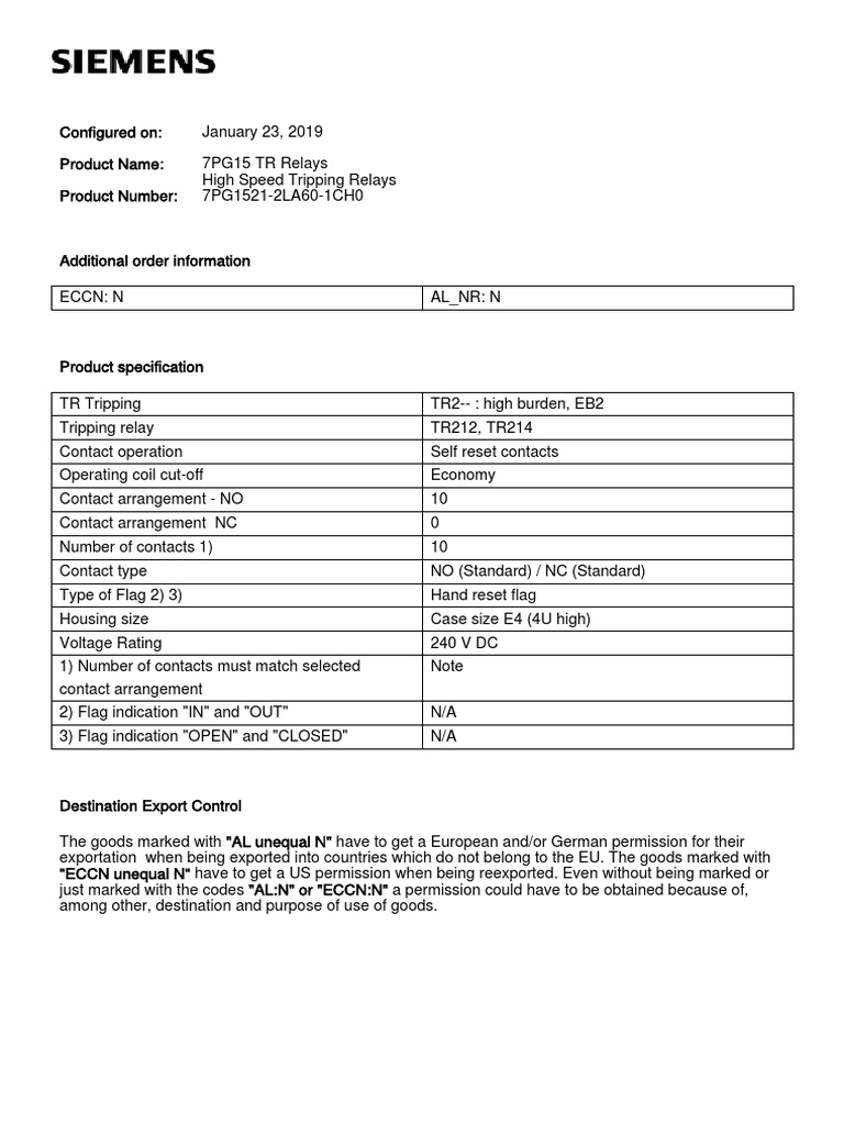 7PG15 TR Relay Export Guidelines | PDF