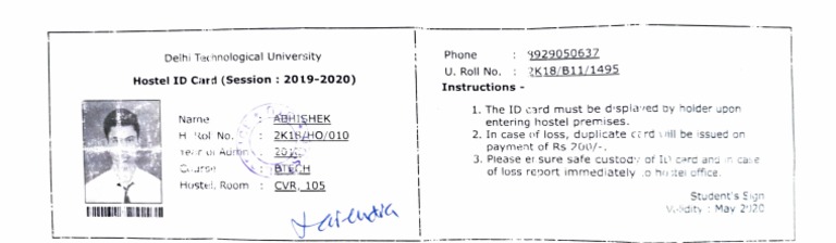 Dtu Hostel Id Card 2nd Year | PDF