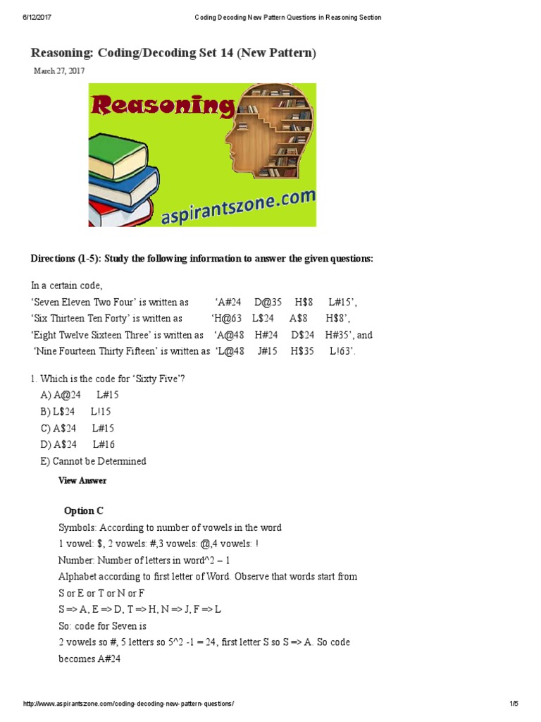 Reasoning: Coding/Decoding Set 14 (New Pattern) : March 27, 2017 | PDF ...