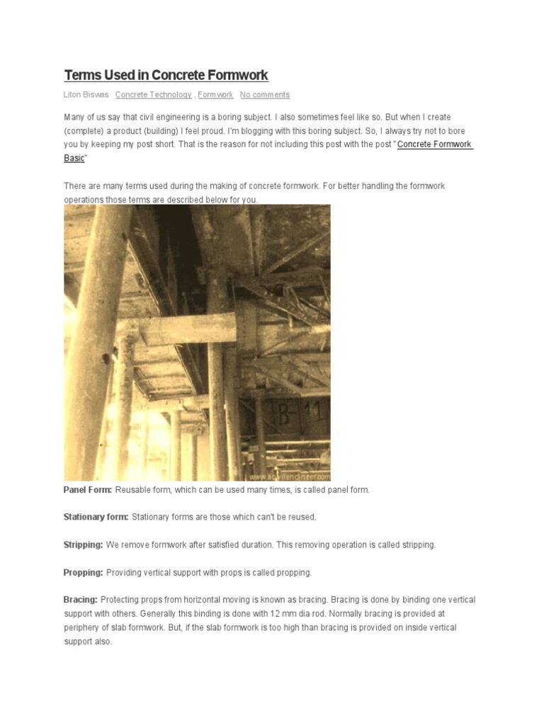 Key Terms Used in Concrete Formwork and Their Definitions | PDF