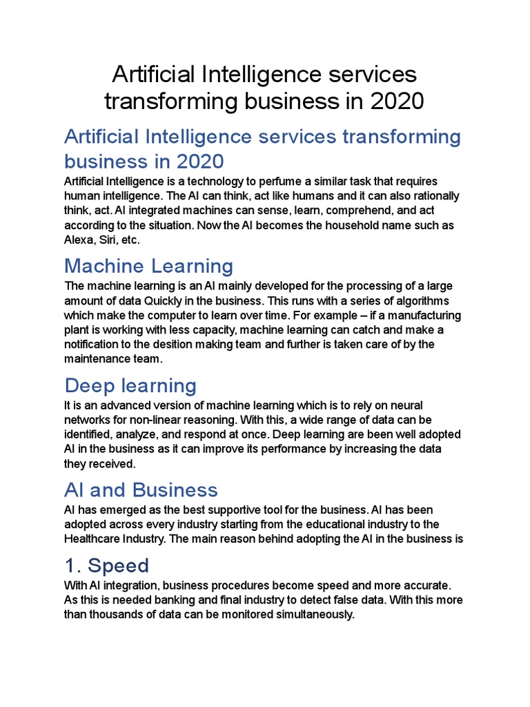 Artificial Intelligence Services Transforming Business in 2020 | PDF | Artificial Intelligence ...