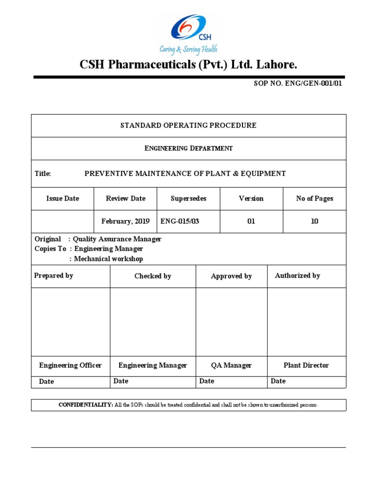 01-SOP No. ENG-GEN-001-01 Preventive Maintenance of Plant & Equipment ...