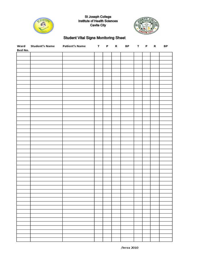 Student Vital Signs Monitoring Sheet: Ward Student's Name Patient's ...