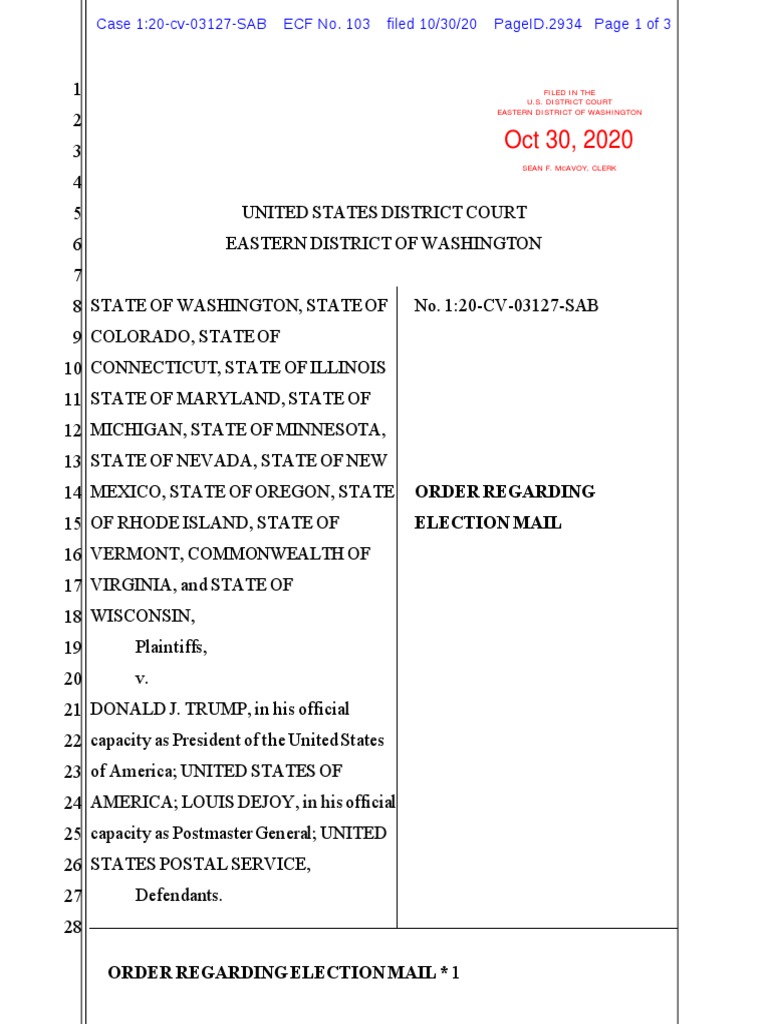 Federal Court Order On US Postal Service and Ballots Oct 30, 2020 | PDF ...