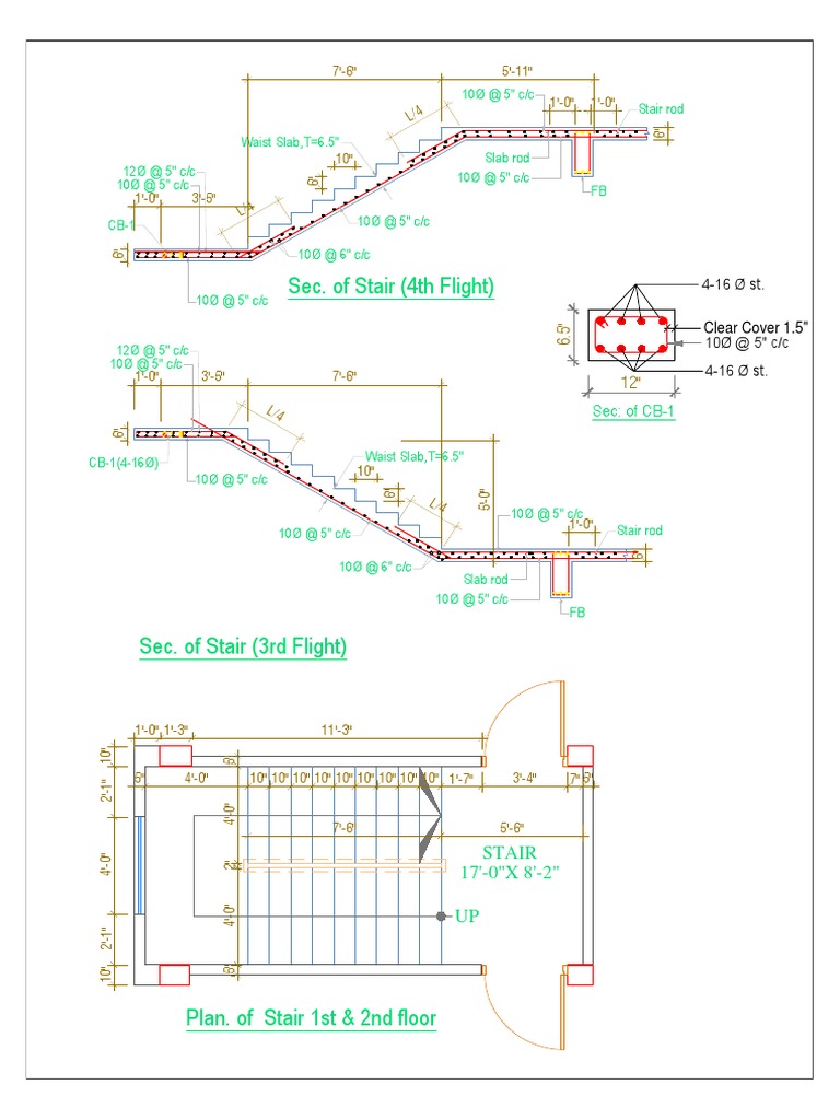 Section and Plan Details of Reinforced Concrete Stair Structure and ...