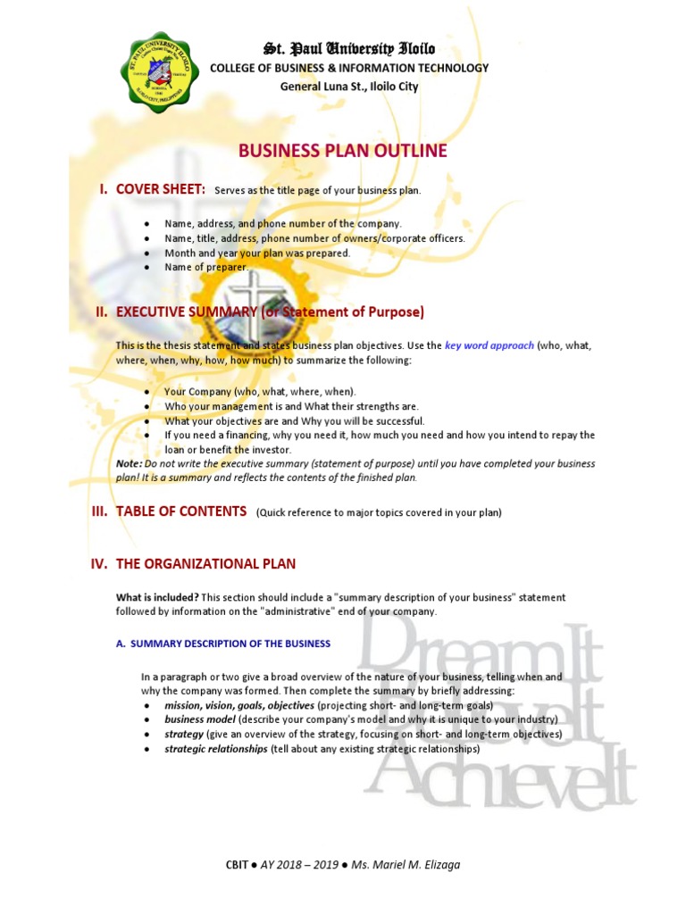 Business Plan Outline: I. Cover Sheet | PDF | Balance Sheet | Business ...