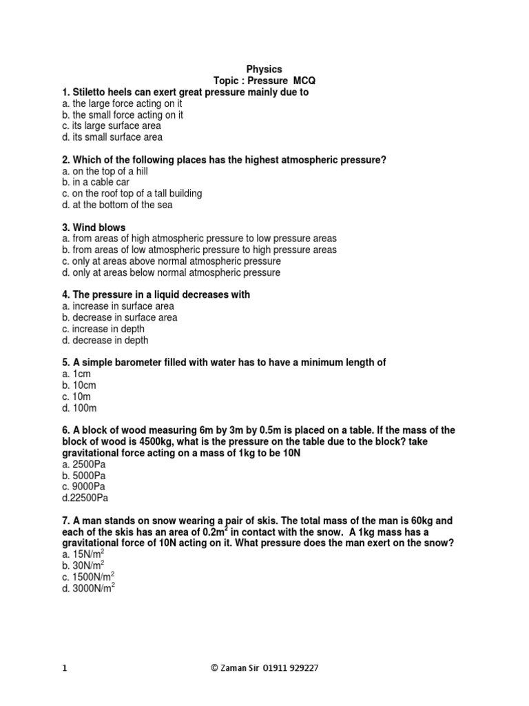 Pressure MCQ | PDF | Atmospheric Pressure | Pressure