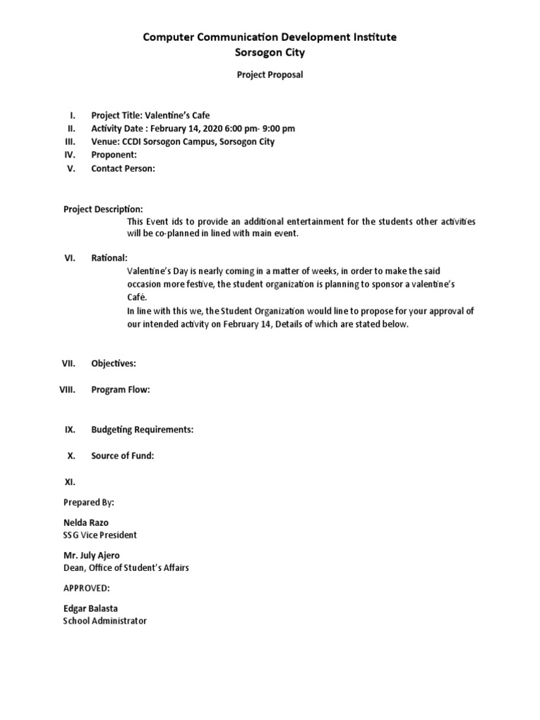 Planning a Valentine's Cafe Event: A Project Proposal from the Computer Communication ...