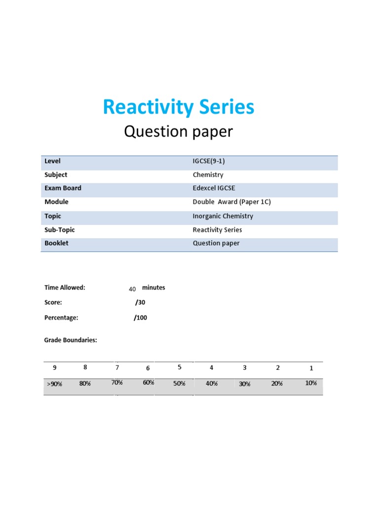 Reactivity Series: Question Paper | PDF | Chemical Elements | Chemical ...