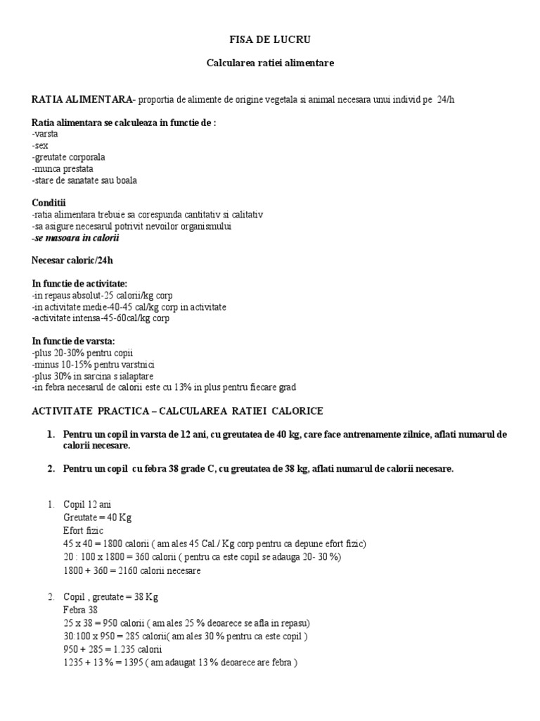 Fisa de Lucru - Calculul Ratiei Alimentare | PDF