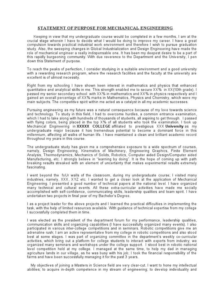Statement of Purpose For Mechanical Engineering | PDF | Robotics ...