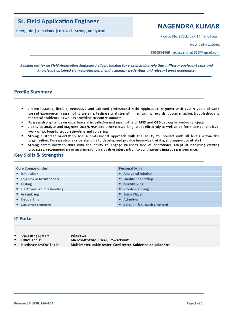 Sr. Field Application Engineer: Nagendra Kumar | PDF | Troubleshooting ...